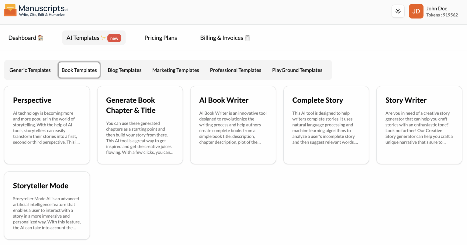 Book Templates - Manuscripts.ai | Help - AI Book Writer and AI Essay Writer